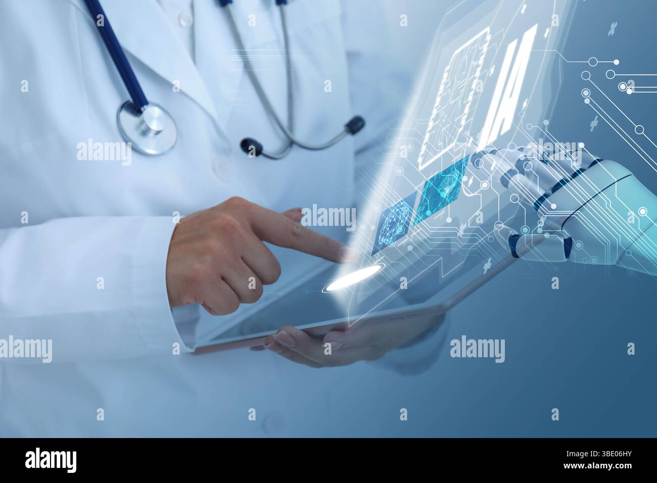 Doctor using tablet computer, closeup. Robot hand touching virtual ...