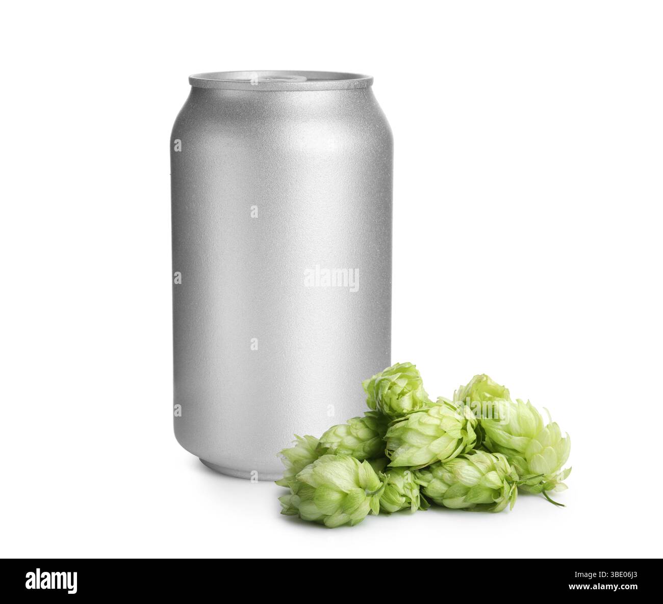 Fresh beer in can and hop flowers on white background Stock Photo - Alamy