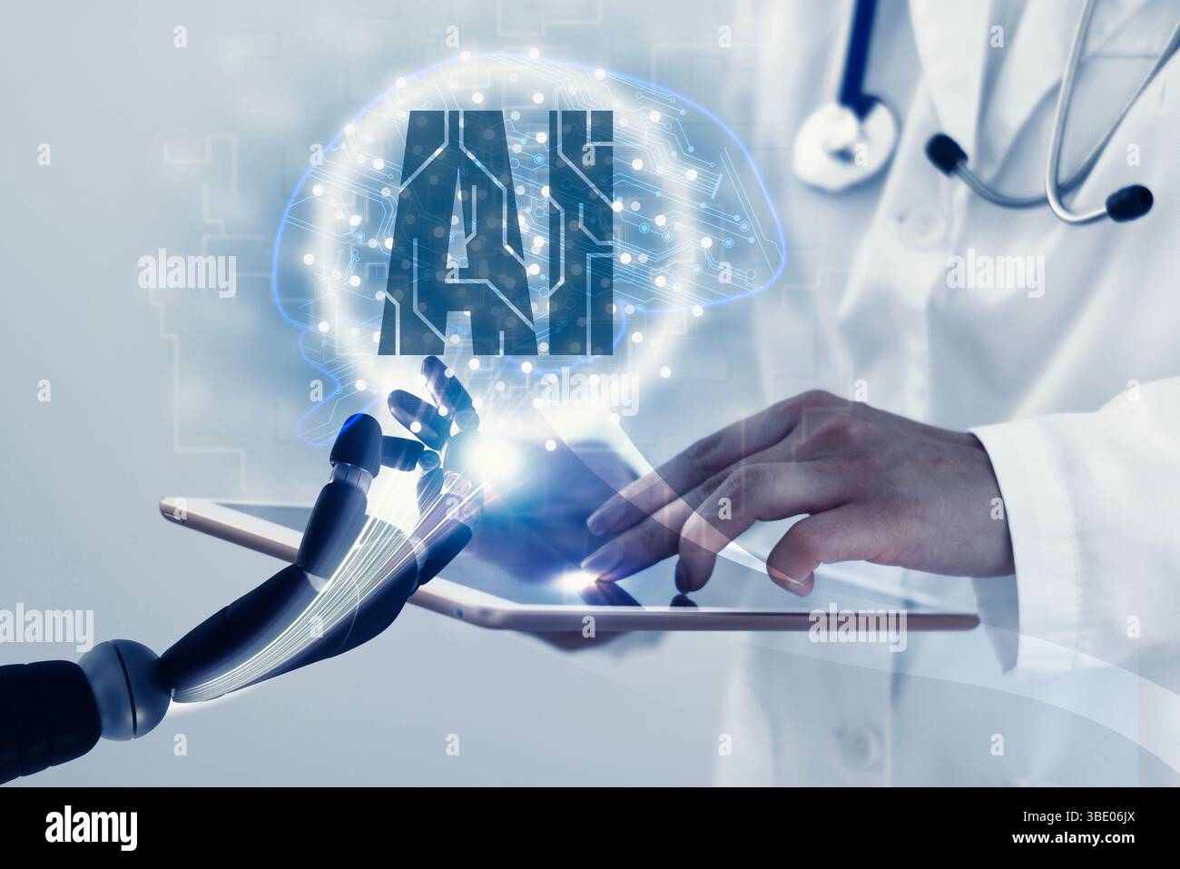 Doctor using tablet computer, closeup. Robot hand touching virtual ...