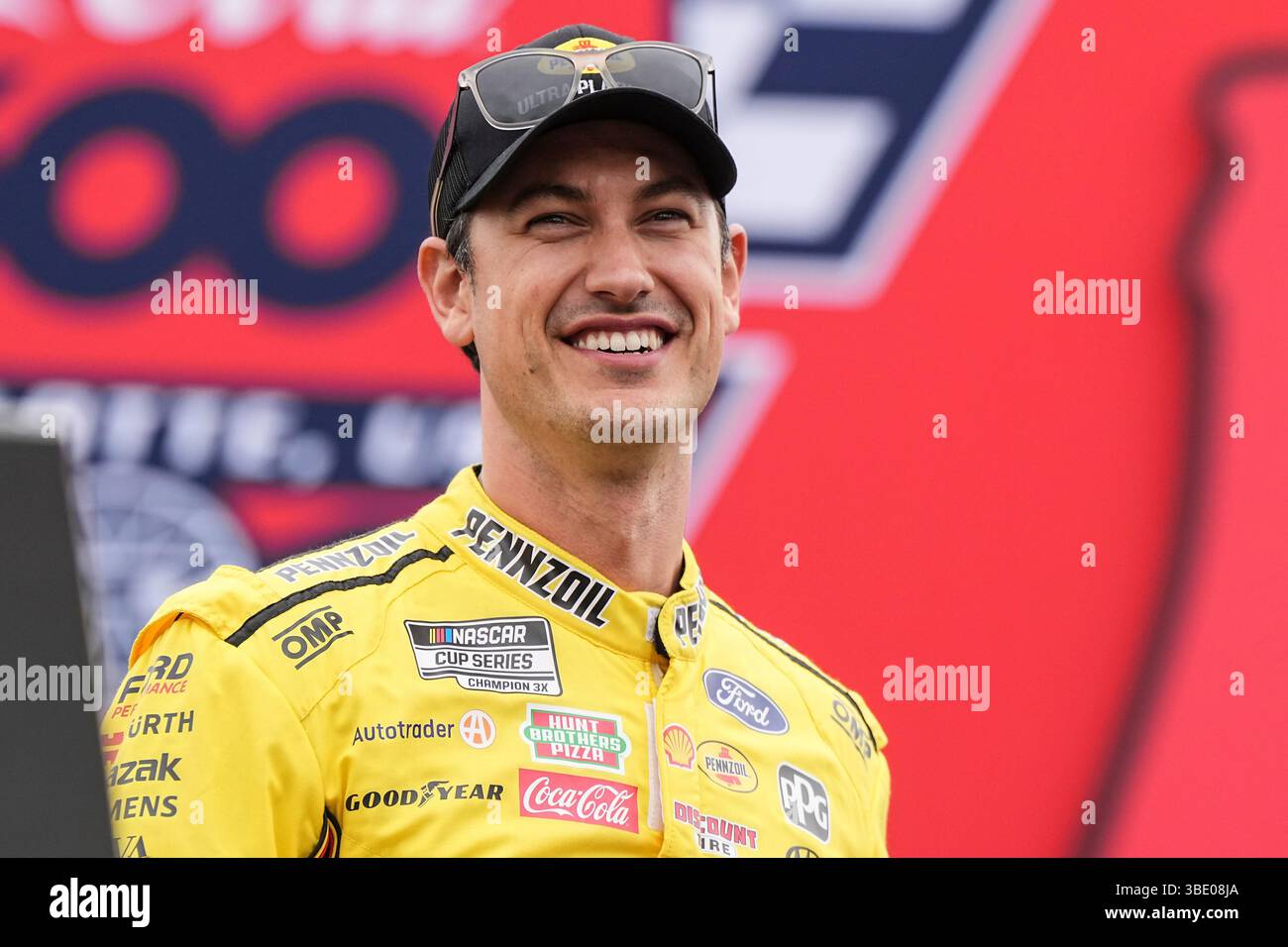Joey Logano smiles prior to a NASCAR Cup Series auto race at Charlotte Motor Speedway, Sunday ...