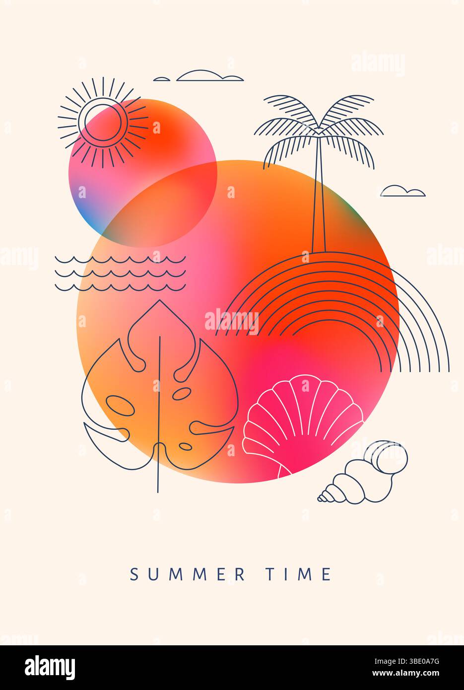 Tropical beach party and summer vacation line art with color gradient ...