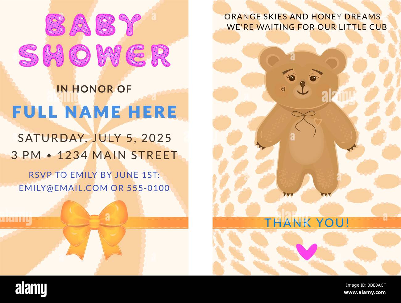 Two-sided orange baby shower template, front and back side. Invitation ...