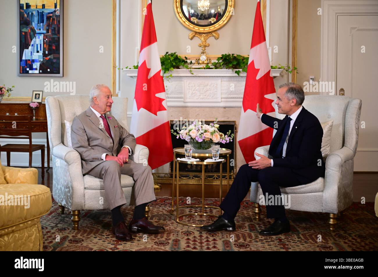 King Charles III holds an audience with Prime Minister of Canada Mark Carney at Rideau Hall ...