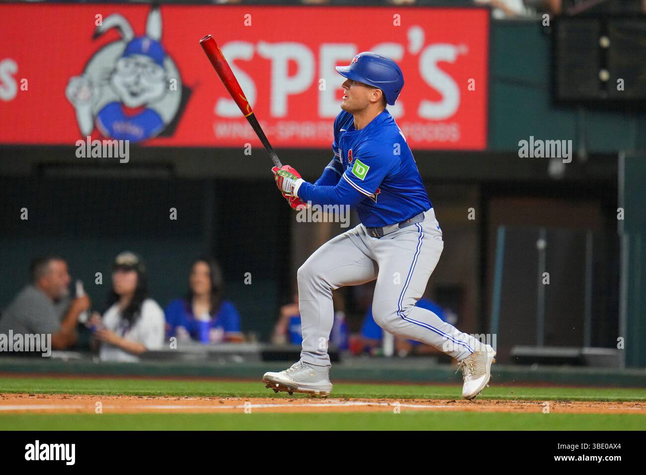 Toronto Blue Jays' Daulton Varsho watches his ball as he hits a double ...