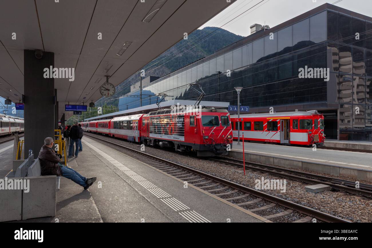 Matterhorn Gotthard Bahn HGe4/4 meter gauge electric locomotive at Visp ...