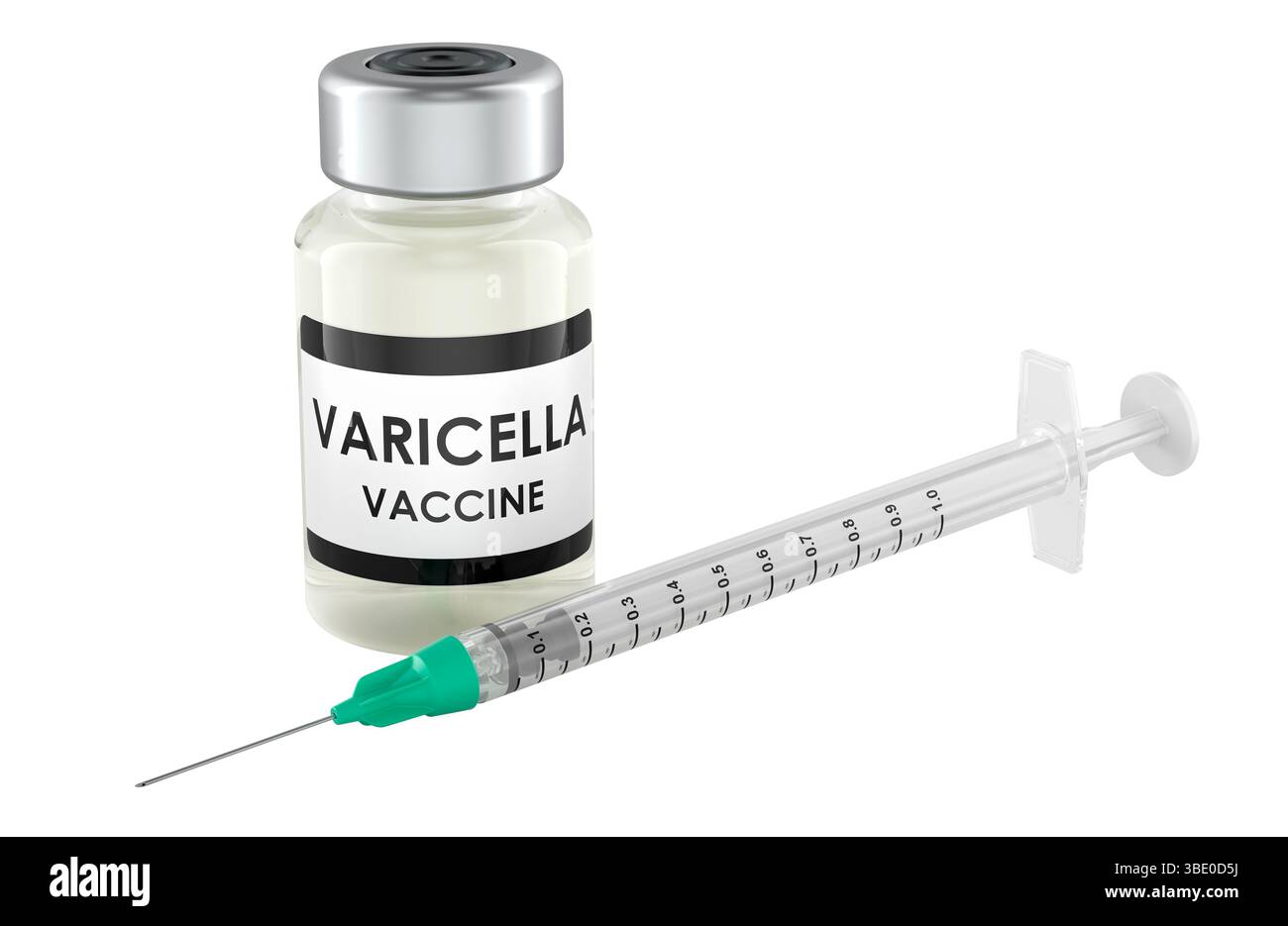 Varicella Vaccine Vial with Syringe. 3D rendering isolated on white ...