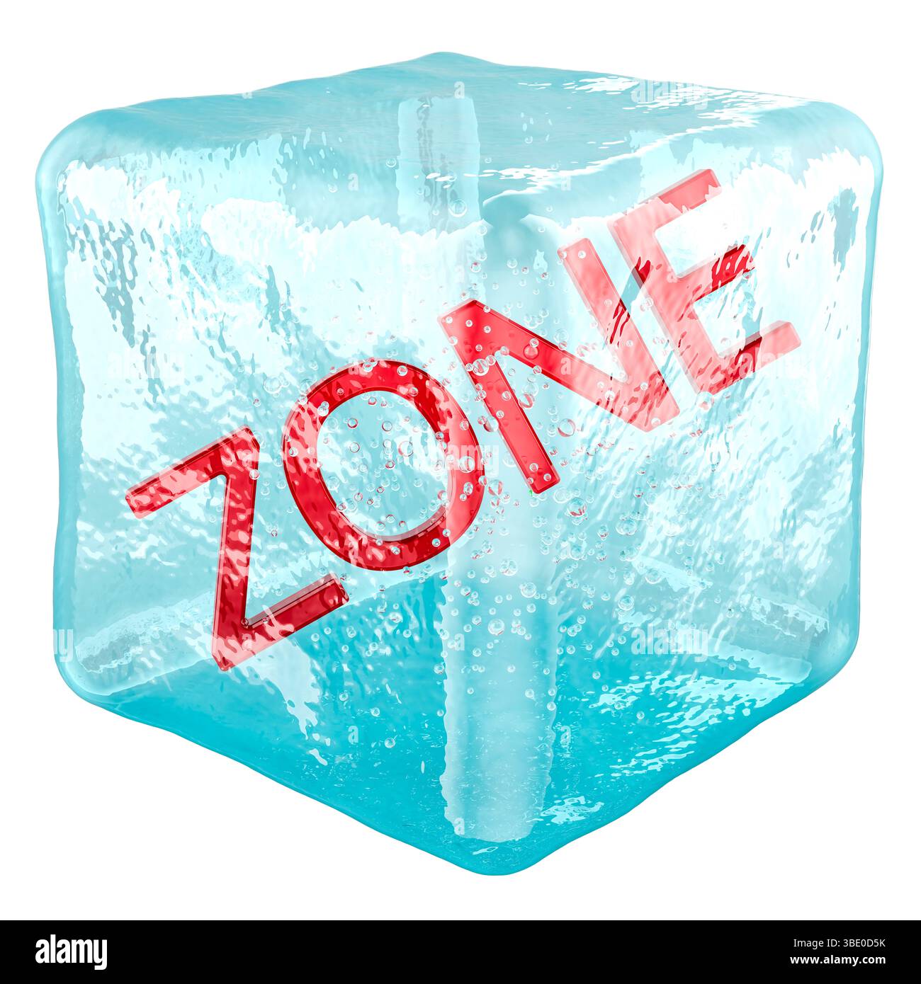Word Zone Frozen Inside Ice Cube. 3D Rendering isolated on white ...