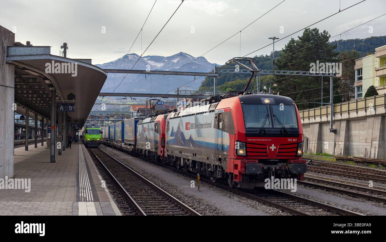 2 SBB Siemens Vectron electric locomotives hauling an intermodal ...