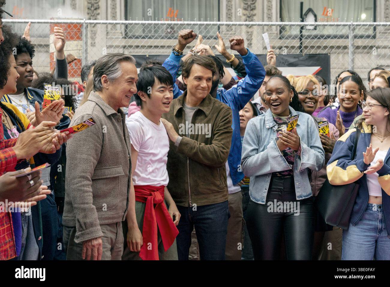 KARATE KID: LEGENDS, from left: Jackie Chan, Ben Wang, Ralph Macchio ...