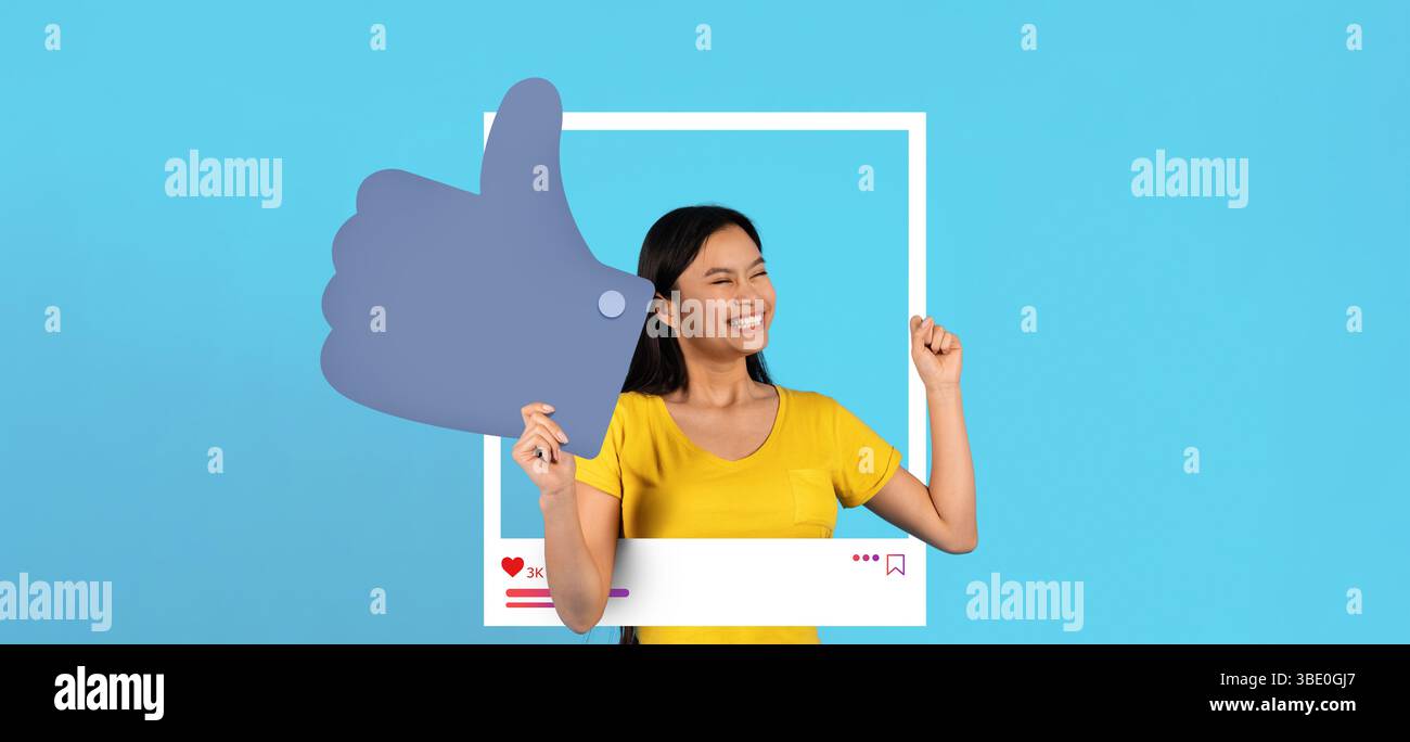 Smiling influencer celebrates engagement in a vibrant social media ...