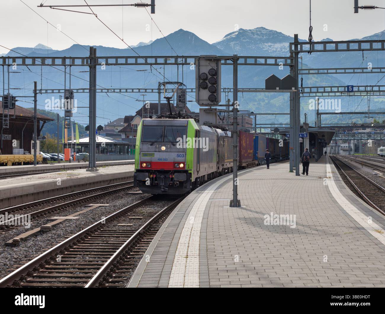 BLS Alstom Traxx electric locomotive hauling an intermodal piggyback ...