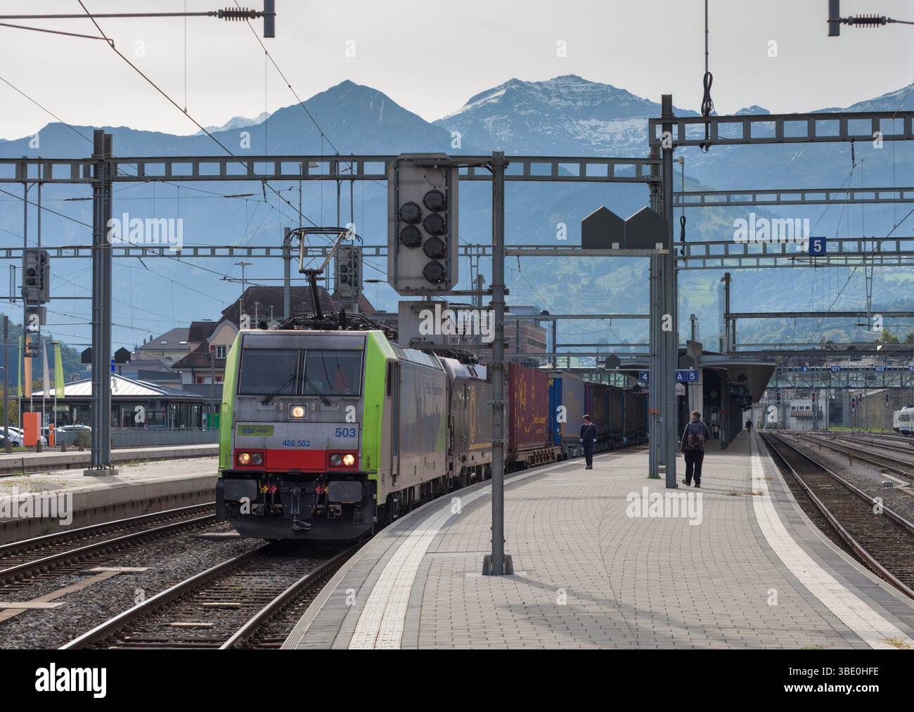 BLS Alstom Traxx electric locomotive hauling an intermodal piggyback ...