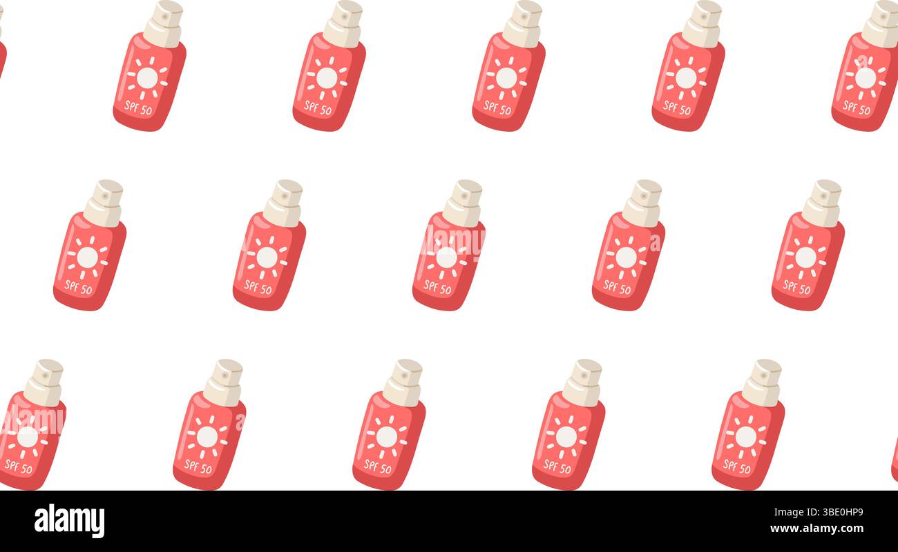 Summer seamless pattern with red sunscreen spray bottle labeled SPF 50 with simple sun icon ...