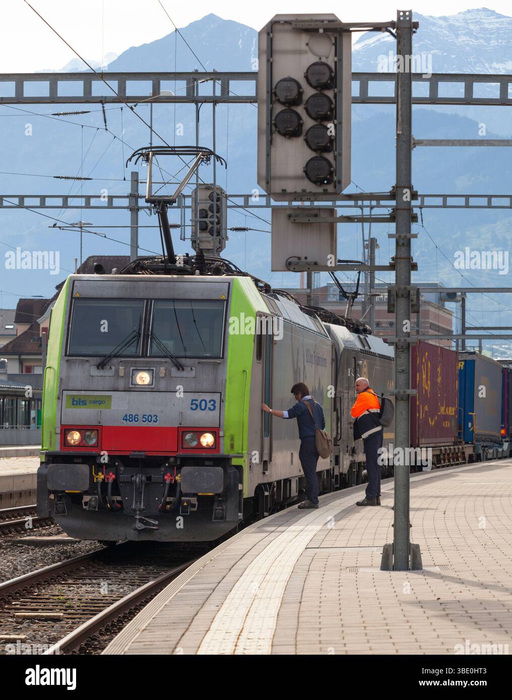 BLS Alstom Traxx electric locomotive hauling an intermodal piggyback ...