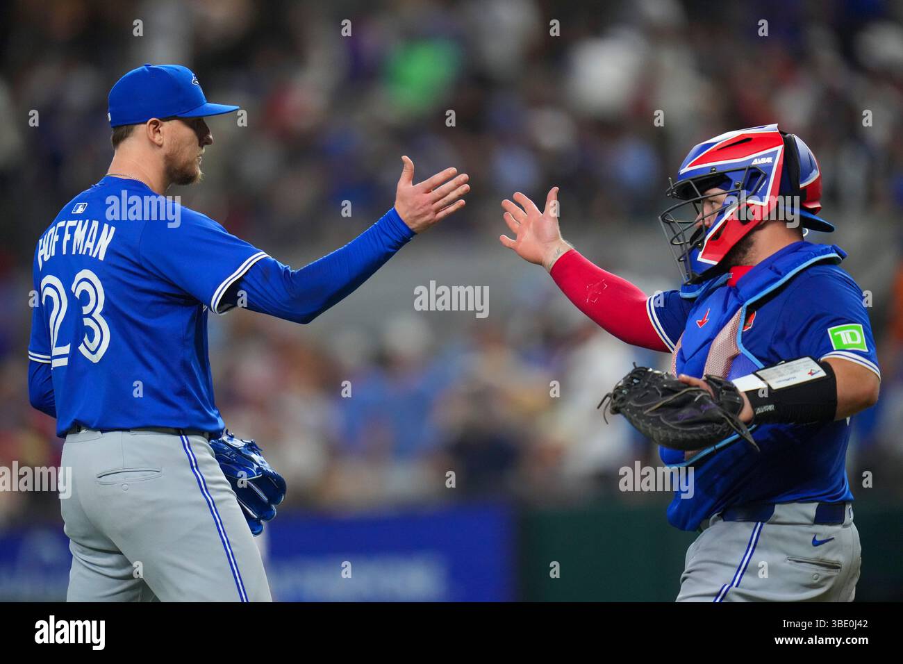 Toronto Blue Jays pitcher Jeff Hoffman (23) and catcher Alejandro Kirk ...