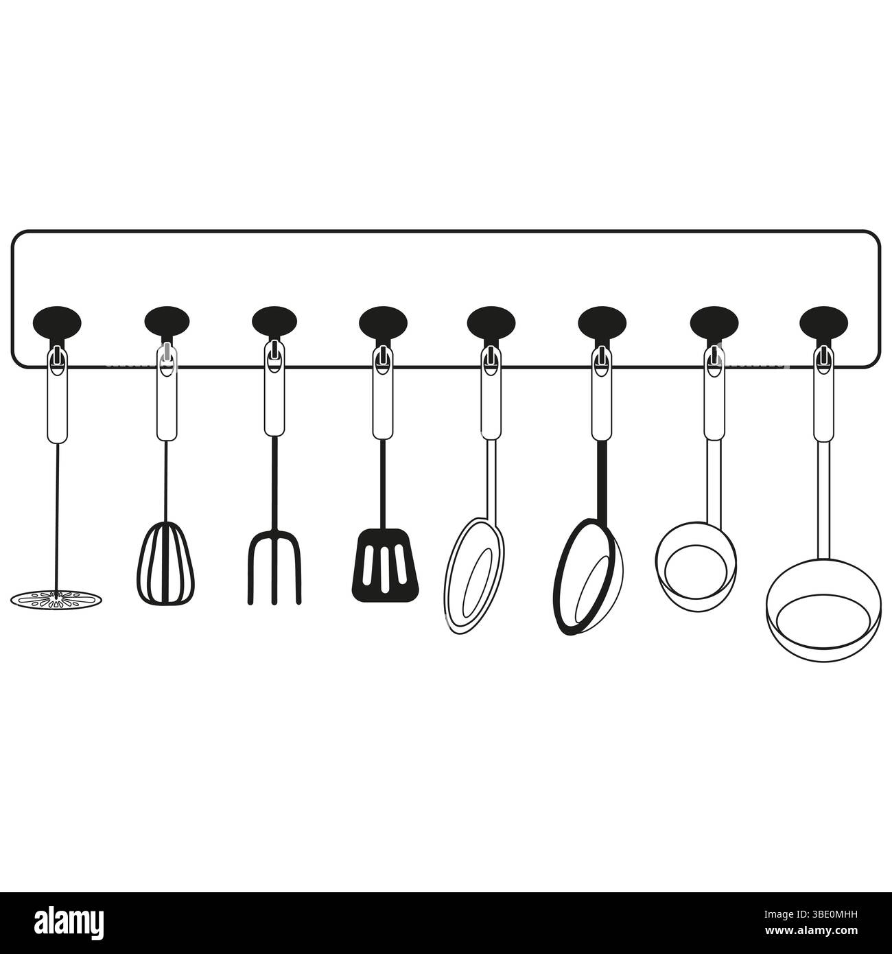 Cooking tools set. Hanging utensils row. Monochrome kitchen layout ...