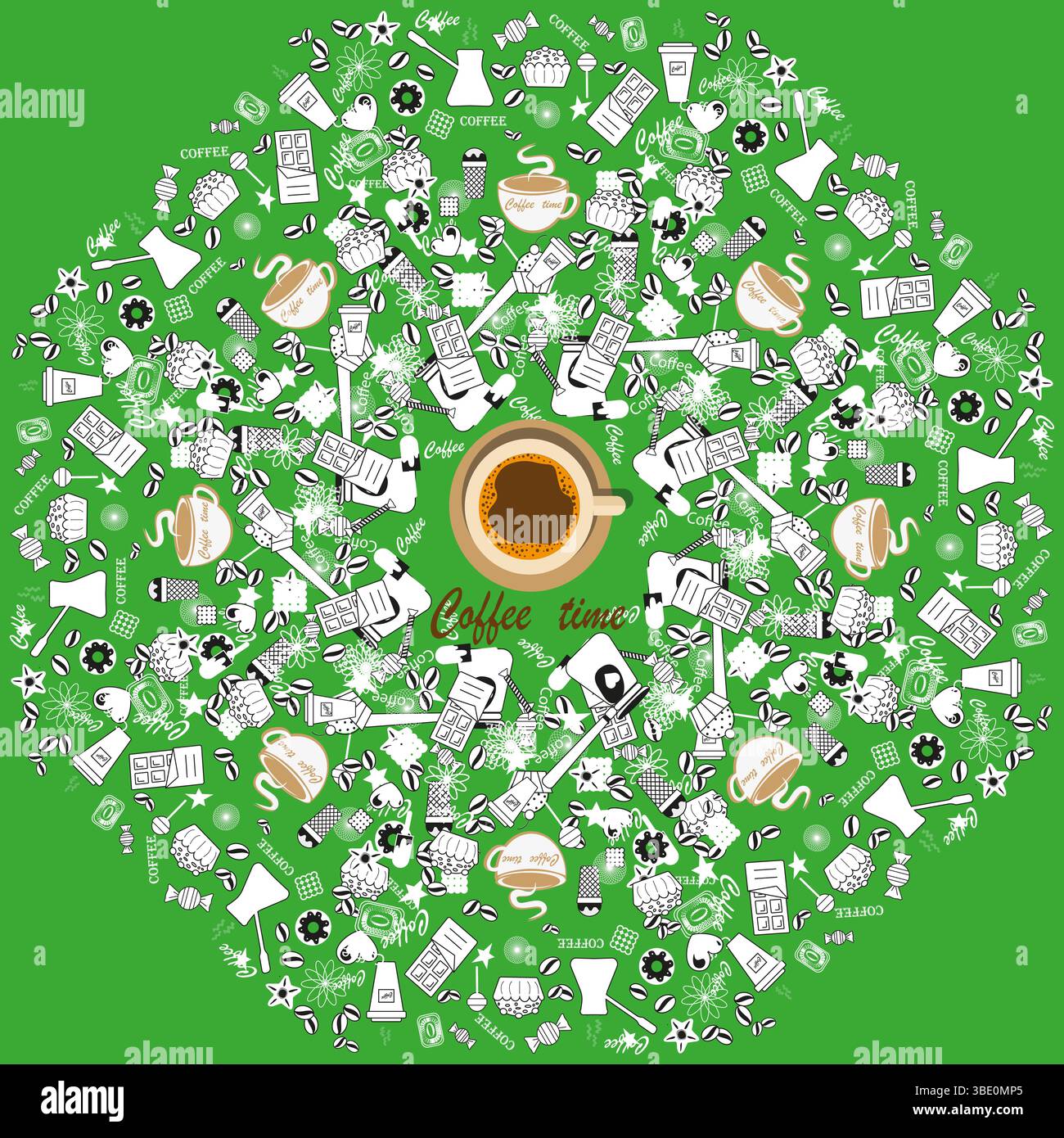 Coffee time text. Cup center symbol. Circular green background. Vector ...