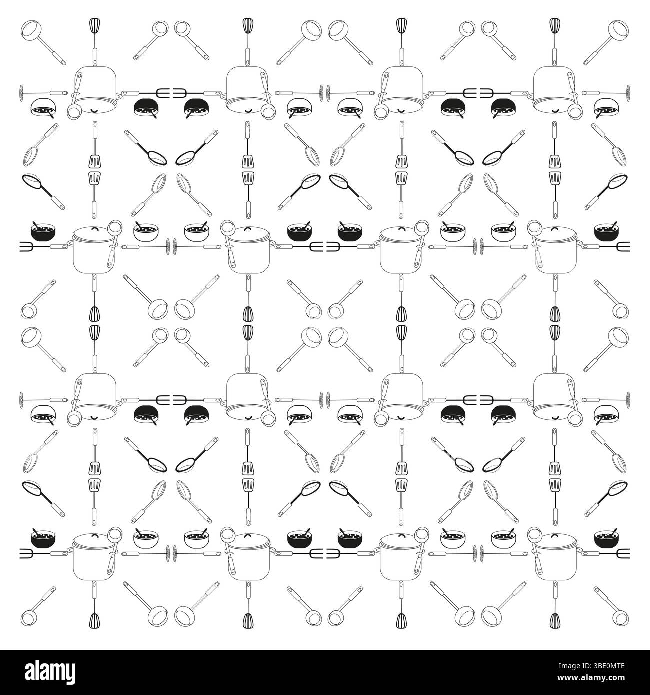 Kitchen tools repeat. Pots and utensils aligned. Cooking themed layout ...