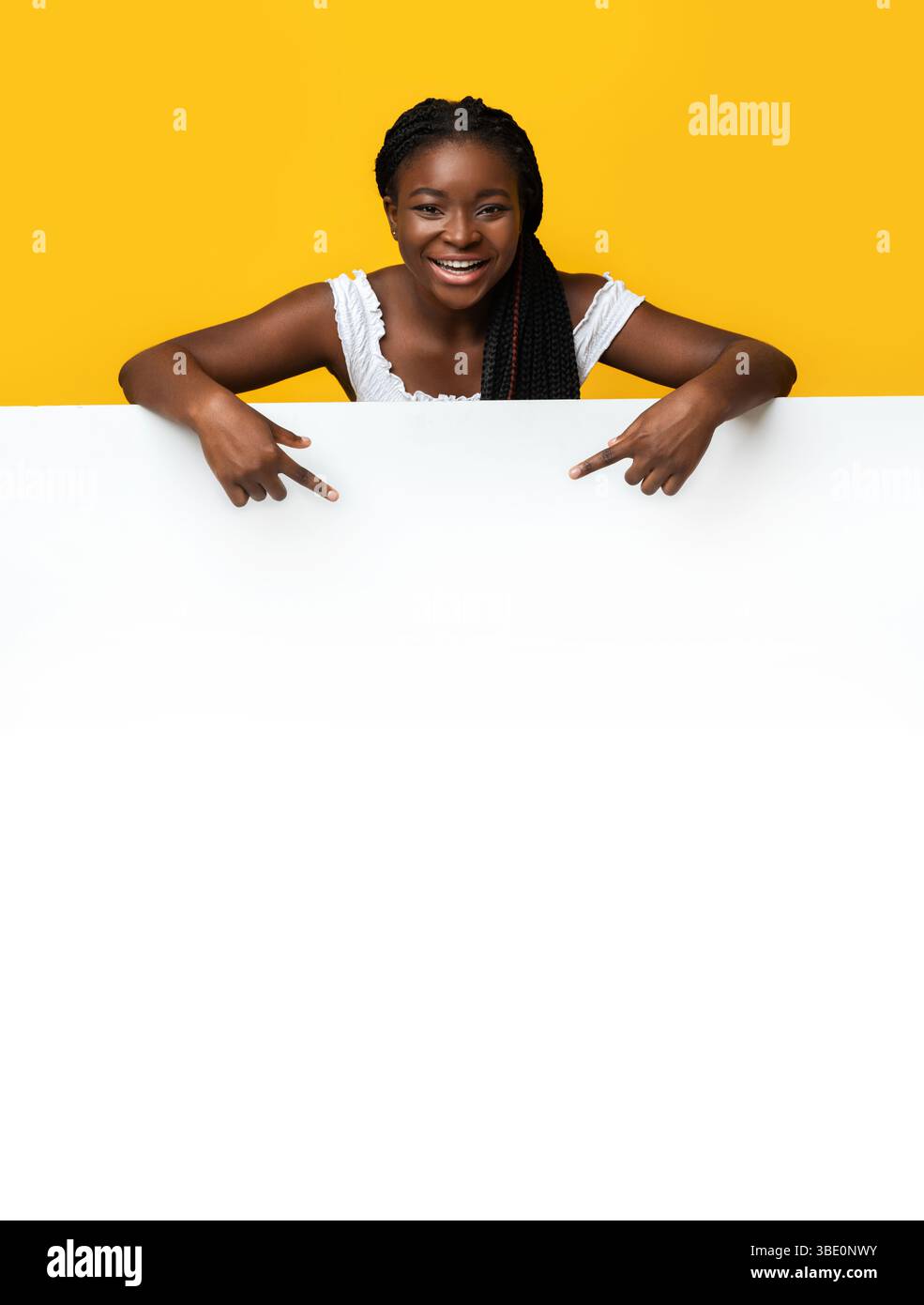 Check This. Positive Black Lady Pointing Down At Blank White ...