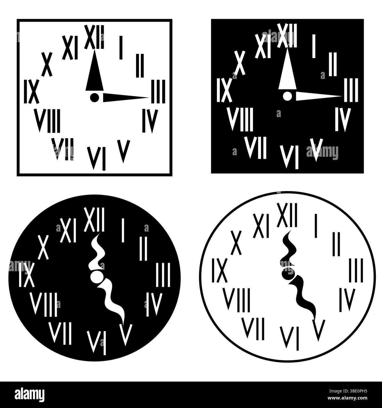 Roman numeral clocks. Square round shapes. Black white vector icons ...