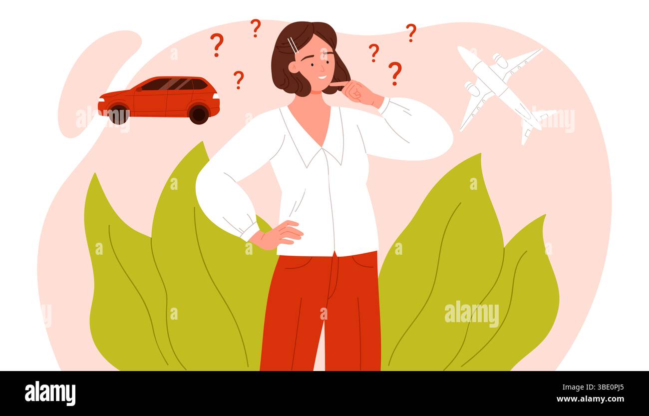 Confused woman deciding between car and airplane for transportation ...