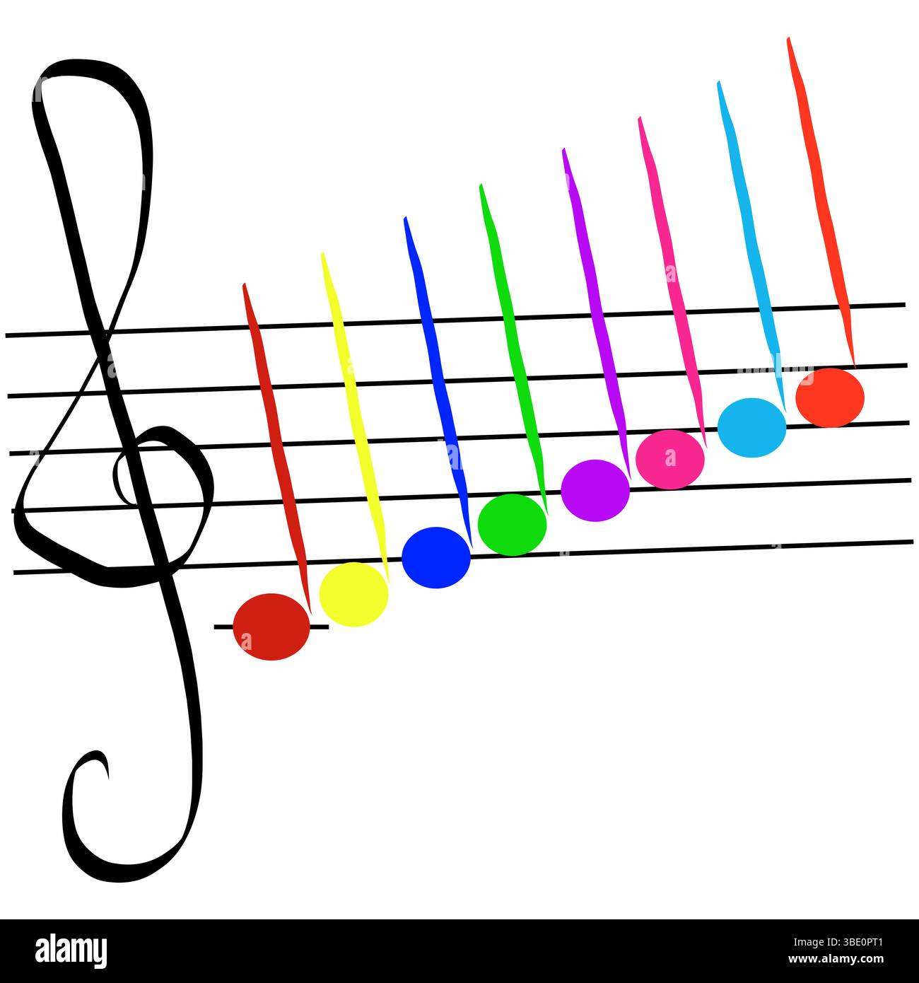 Colorful music notes. Treble clef staff. Red blue green tones. Vector ...