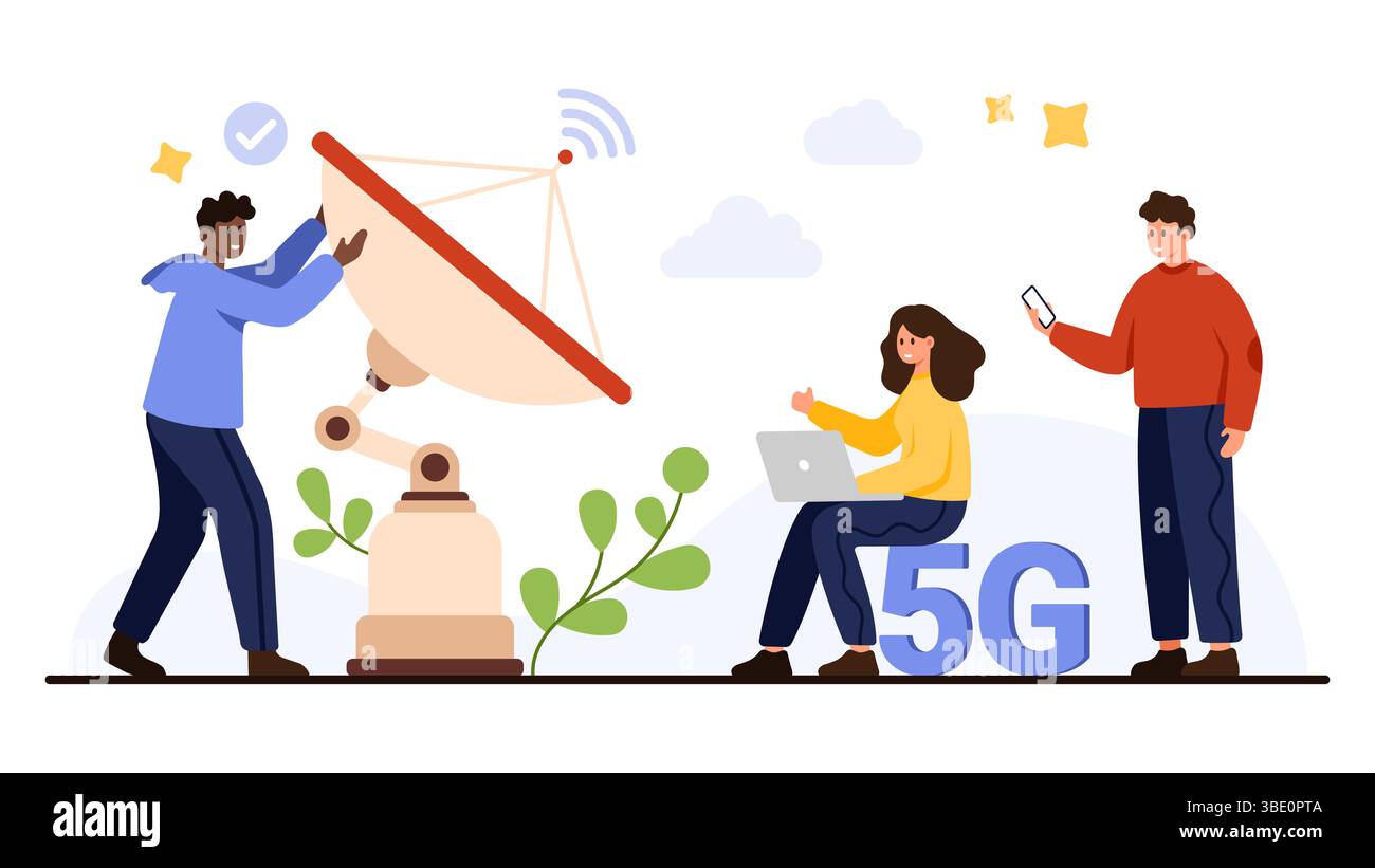 Modern people connecting devices with 5G satellite dish technology for ...