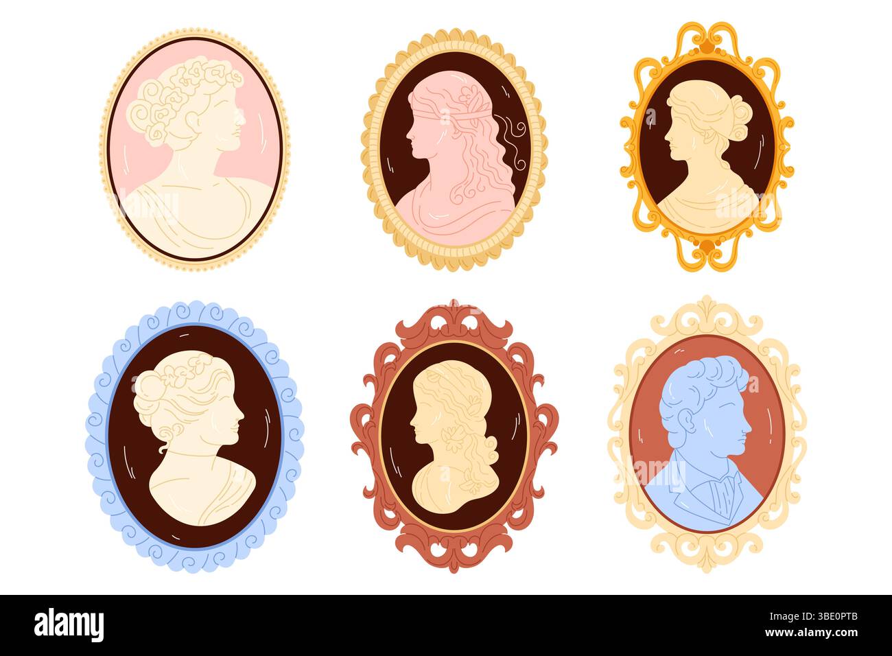 Classic vintage cameo set with head silhouettes of woman and man. Side ...
