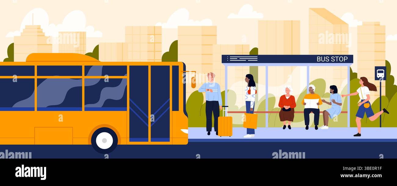 People waiting public transport at bus stop. Diverse of passengers sitting with newspaper on ...