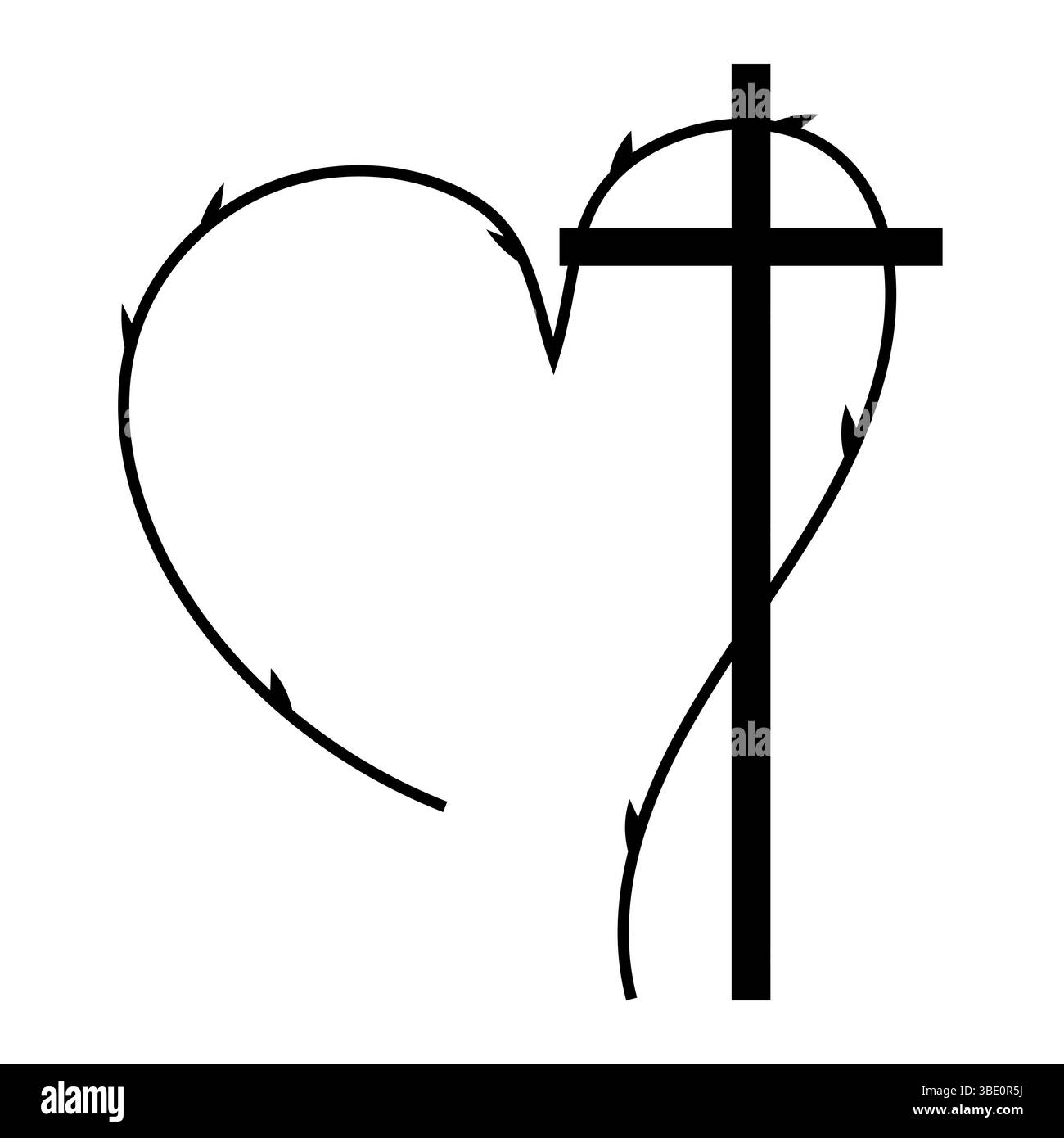 Heart cross icon. Barbed wire detail. Faith vector symbol. Black white ...