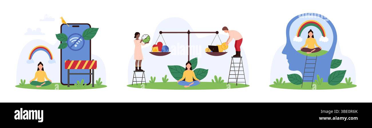 Stress management for wellbeing, life work balance set. Tiny people ...