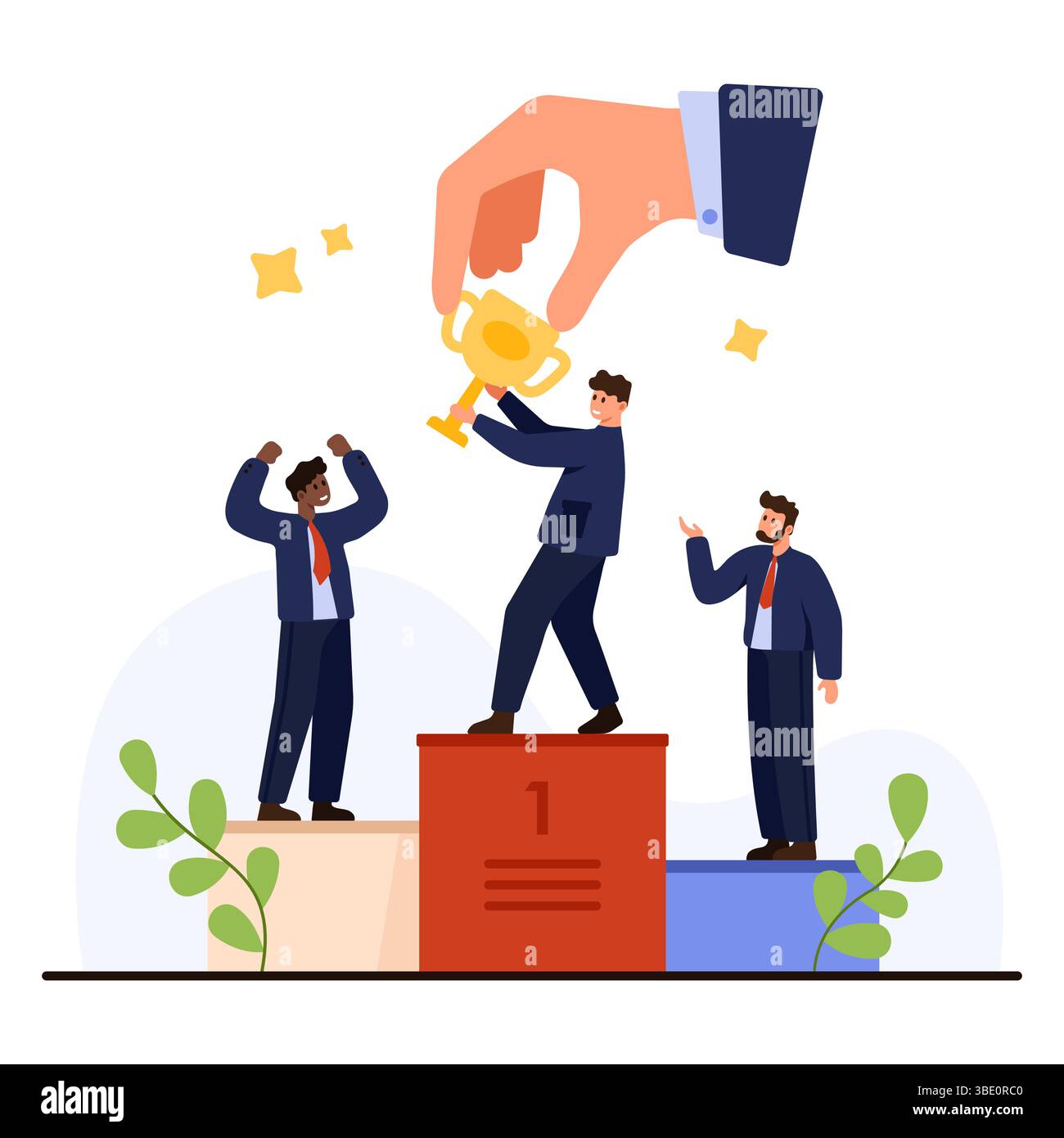 Businessman standing on podium receiving trophy for best employee ...