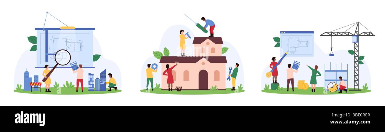 Construction and reconstruction project of architects set. Tiny people ...