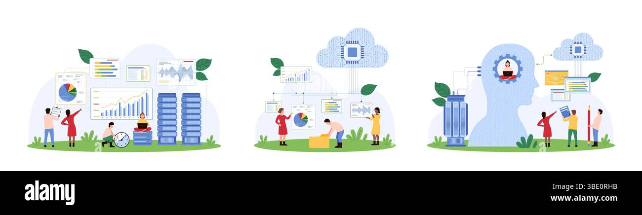 Big data analysis set. Tiny people research results of digital graph ...