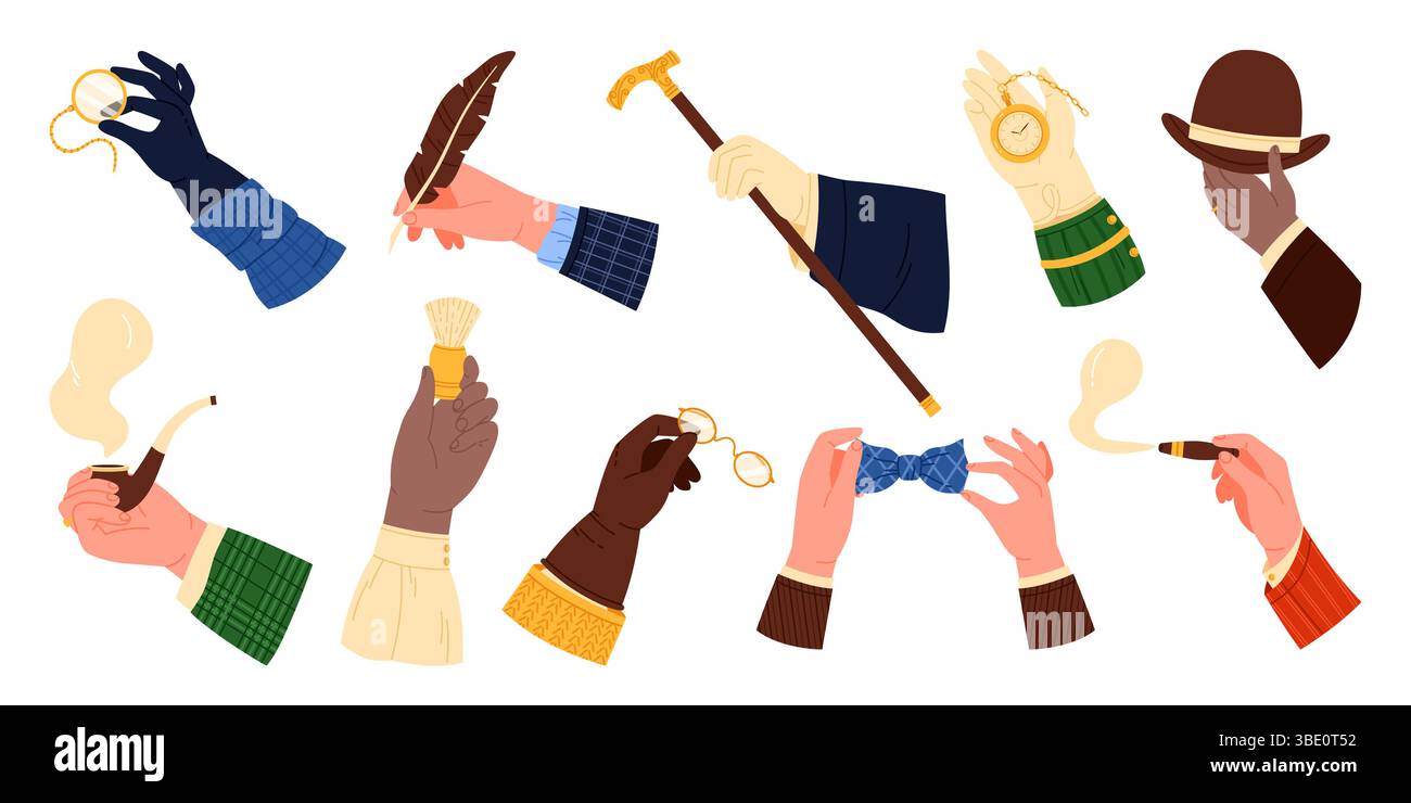 Victorian gentleman hand holding 19th century item set. Rich dandy hand ...