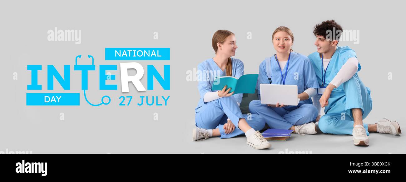 Group of medical students on grey background. Banner for National ...