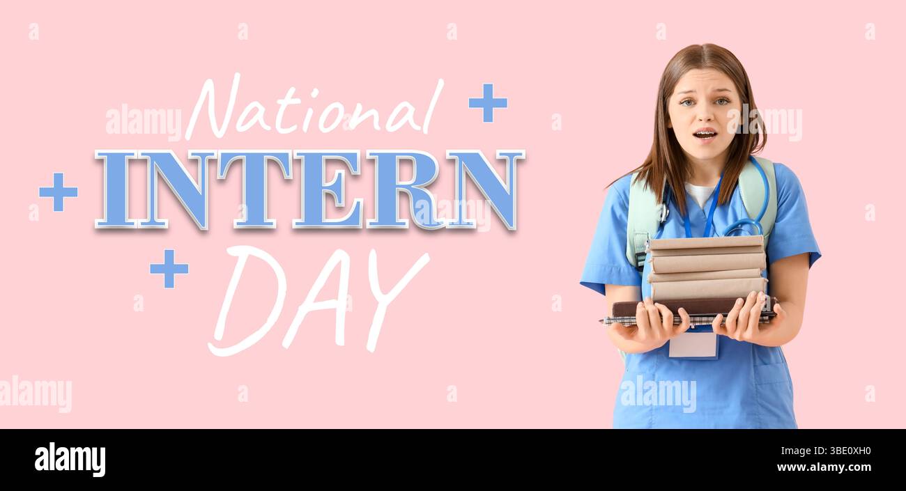 Female medical student with books on pink background. Banner for ...