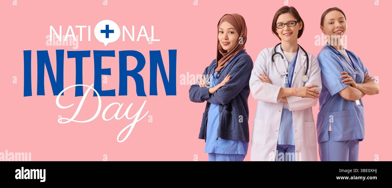 Female medical students on pink background. Banner for National Intern ...