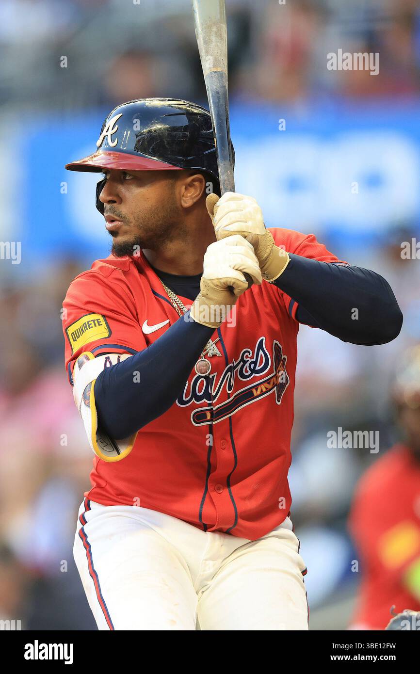 ATLANTA, GA - MAY 23: Ozzie Albies #1 of the Atlanta Braves bats during the Friday evening MLB ...