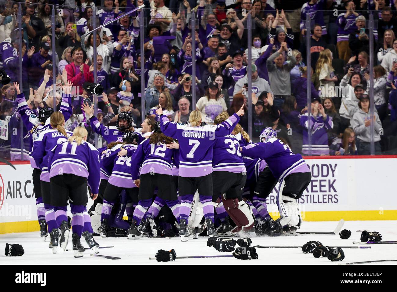 The Minnesota Frost celebrate after winning Game 4 of the PWHL hockey ...