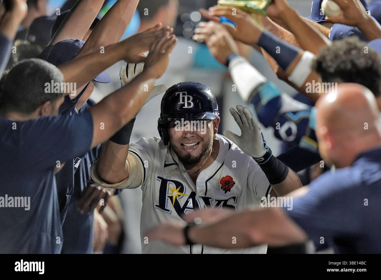 Tampa Bay Rays' Jonathan Aranda celebrates in the dugout after his ...