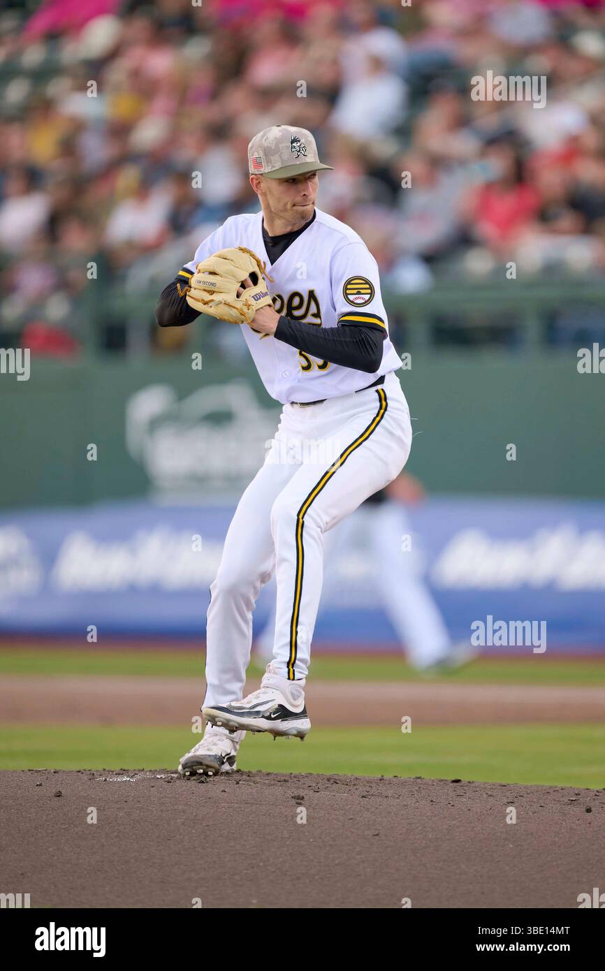 Salt Lake Bees starting pitcher Luke Murphy (33) delivers a pitch to ...