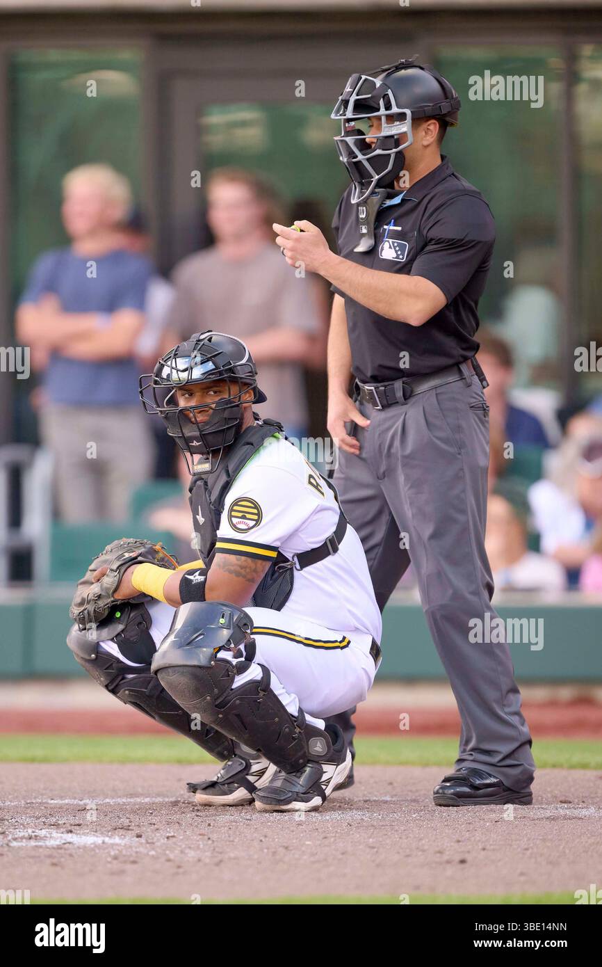 Salt Lake Bees catcher Chuckie Robinson (45) on defense against the ...