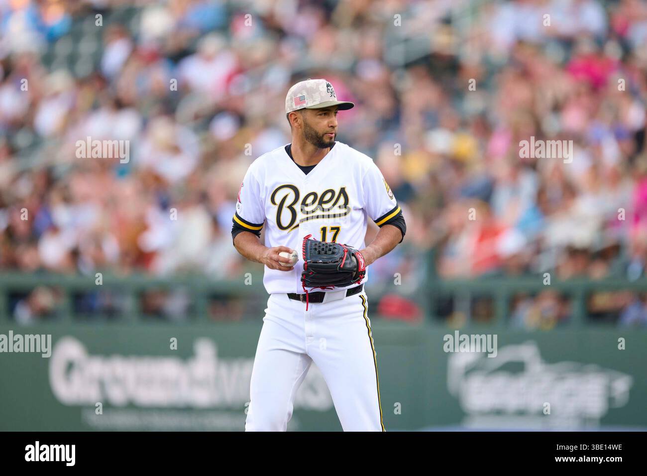 Salt Lake Bees reliever Endrys Briceno (17) throws to the plate during ...