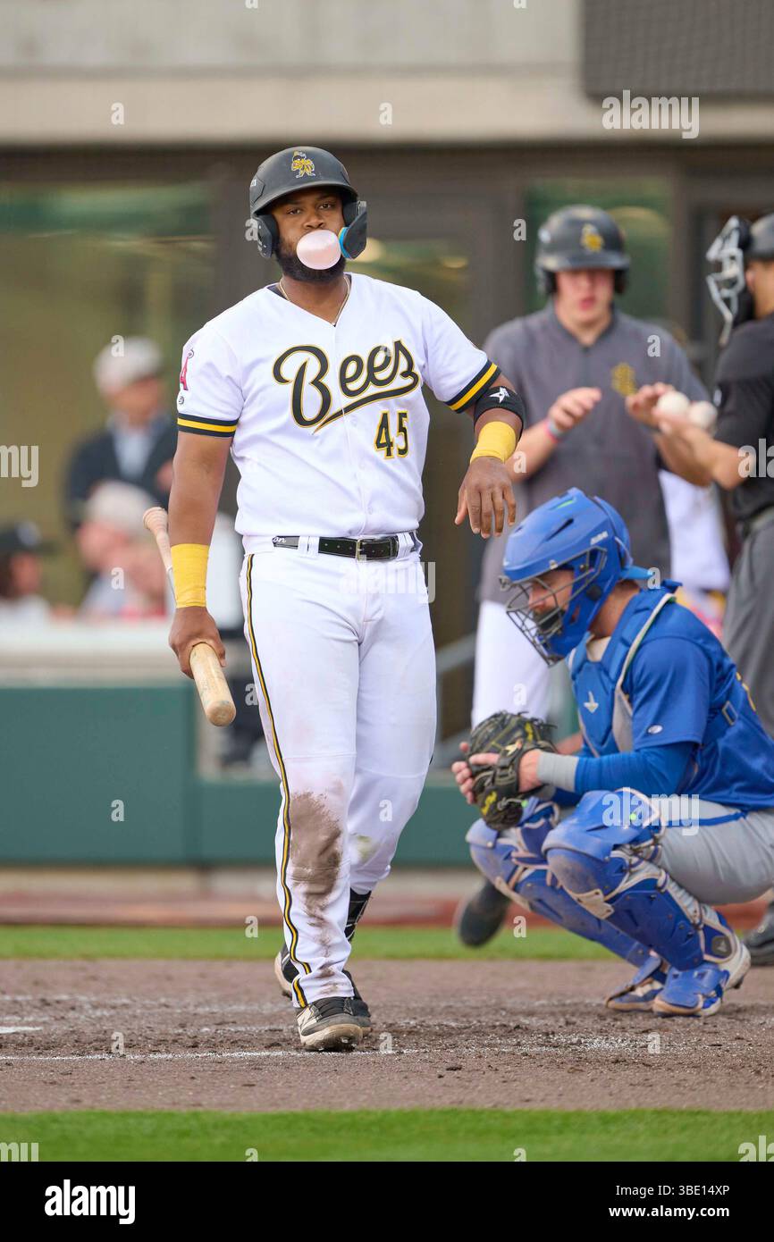 Salt Lake Bees catcher Chuckie Robinson (45) at bat against the Omaha ...