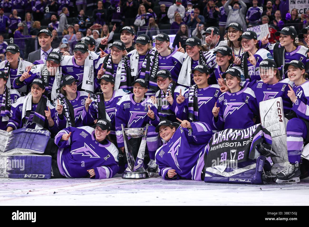 May 26th, 2025: The Minnesota Frost pose for a photo after winning the Walter Cup after a PWHL ...