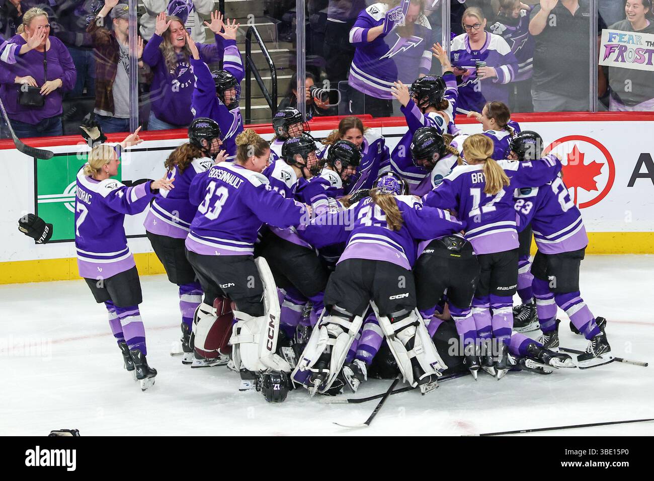 May 26th, 2025: The Minnesota Frost celebrate winning the PWHL Walter Cup on an overtime goal by ...