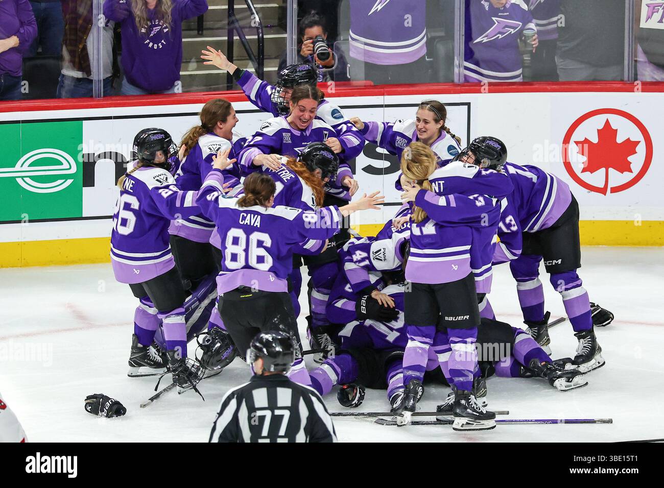 May 26th, 2025: The Minnesota Frost celebrate winning the PWHL Walter Cup on an overtime goal by ...
