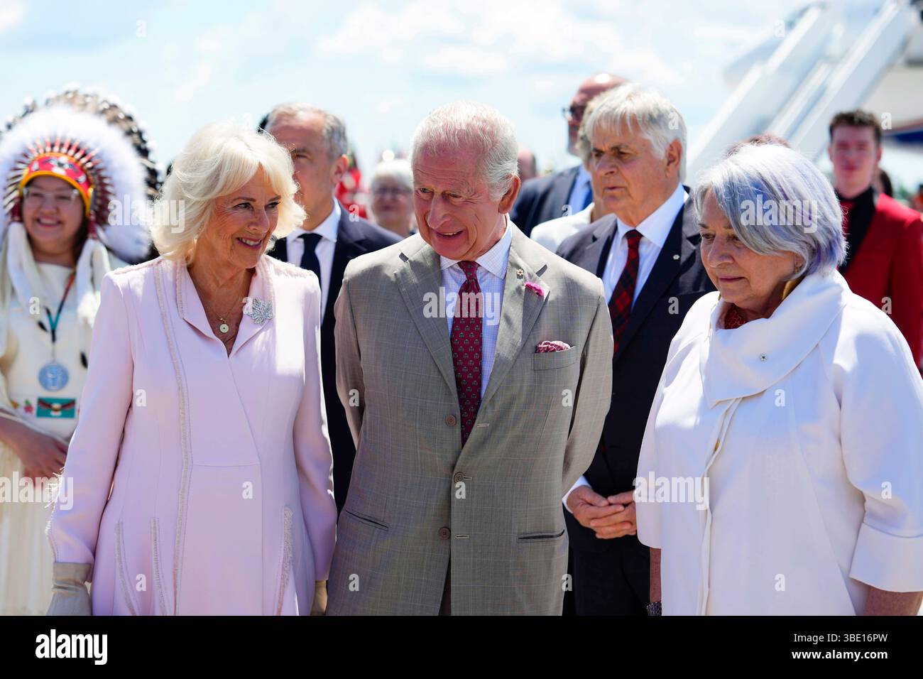 King Charles, Queen Camilla and Gov. Gen. Mary Simon look on at the Ottawa International Airport ...