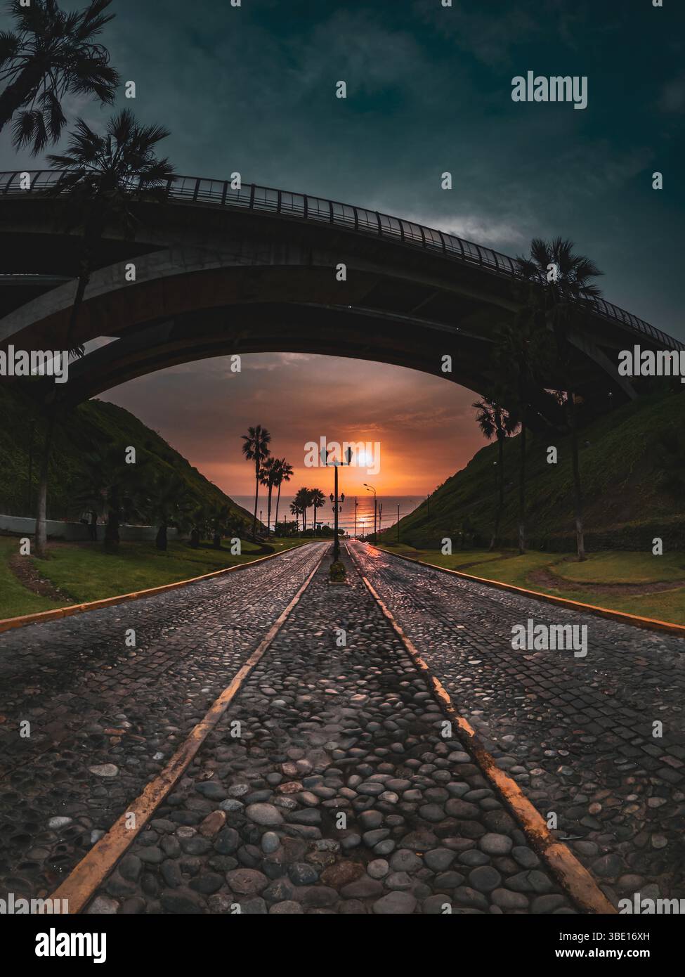 Sunset at Bajada Balta, Miraflores, Lima, Peru with Coastal Bridge and ...